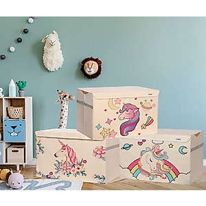 Yosayd Flexible Unicorn Kids Fabric Toy Storage Bins with Flip-top Lid, Light Weight Large Toy Chest for Toy, Book, Clothing