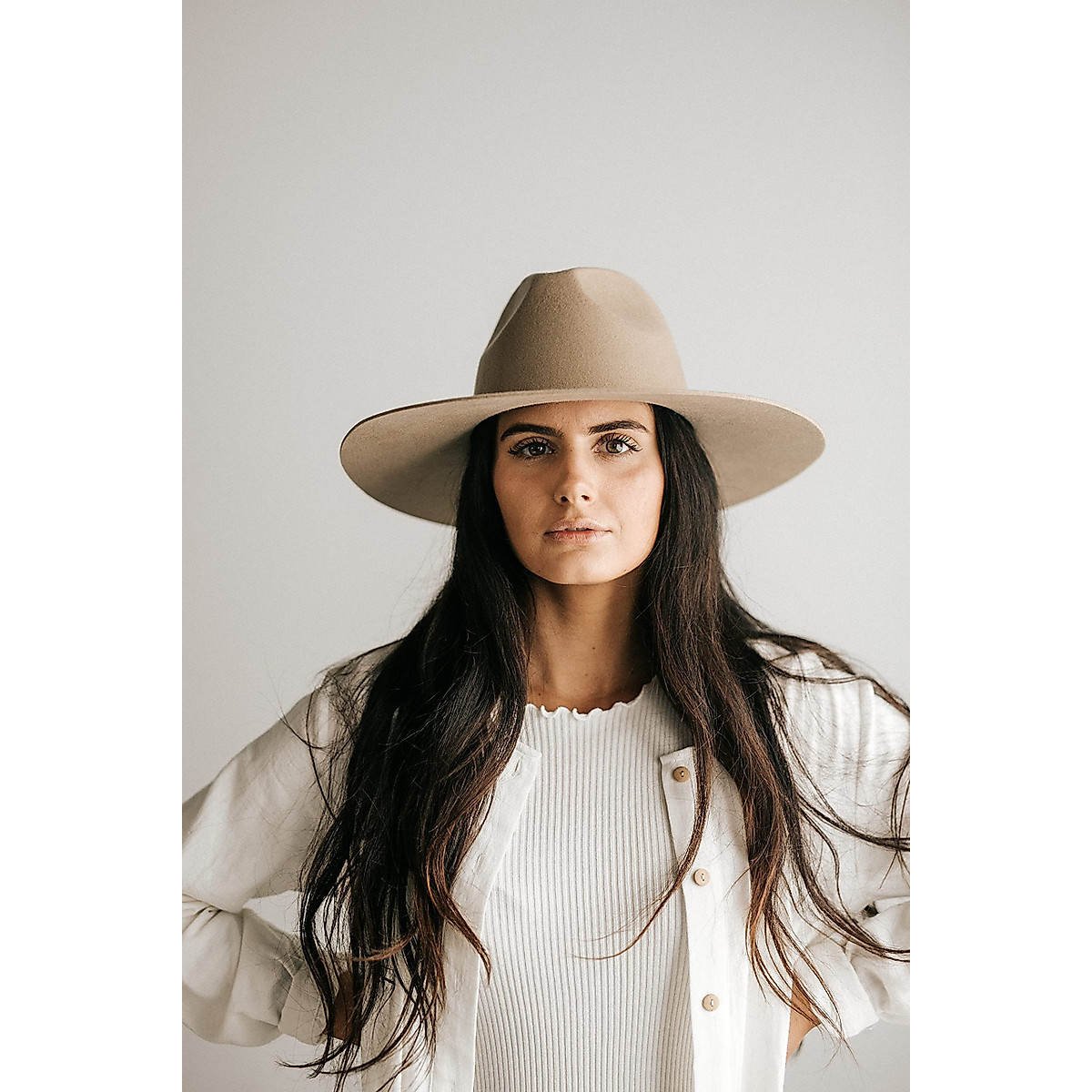 Gigi Pip Emma Wide Brim Felt Fedora Hat, 100% Australian Wool, Tan, Small/Med