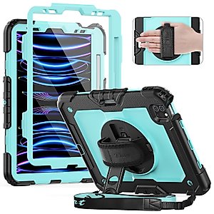 Timecity Case for iPad Pro 11 inch 2022/2021 (4th/ 3rd Generation), Shockproof Case with Screen Protector, Swivel Stand, Handle, Shoulder Strap, Pencil Holder Case for iPad Pro 11 Inch- Light Blue