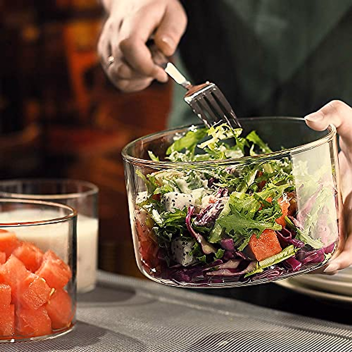 LUXU Glass Salad Bowl 46 oz,Fruit Bowl 29 oz Milk Bowl 15 oz,Set of 3 Glass Mixing Bowl All Purpose Round Serving Bowl Great for Serving Salad,Fruit,Popcorn, Dips,Condiments,Snack,Oatmeal and More