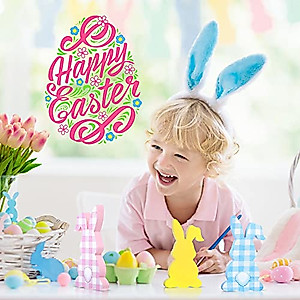 3 Pieces Easter Decor Bunny Tiered Tray Decoration Table Wooden Sign Buffalo Plaid Spring Rabbit Shape Wood Tabletop Decoration for Easter Party Desk (Vivid Style)