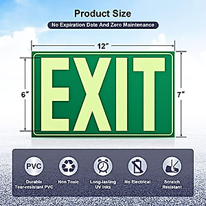 Glow In The Dark Photoluminescent Exit Sign Green - Adhesive Backing – UV Inks On Tear-resistant PVC - Non Electrical - Scratch Resistant -12 x 7 Inches For 50 Feet Visibility (2 Pack)