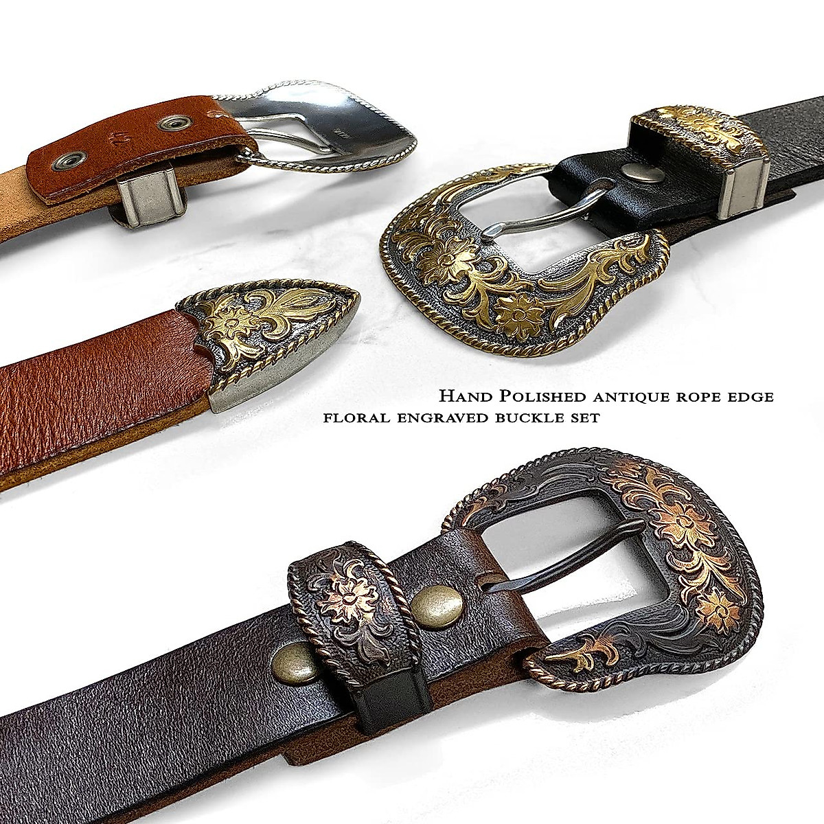 BS040-S5521 Floral Engraved Western Fashion Style Full Grain Leather Belt 1-1/2" (38mm) Wide - Antique Gold (Black, 30)