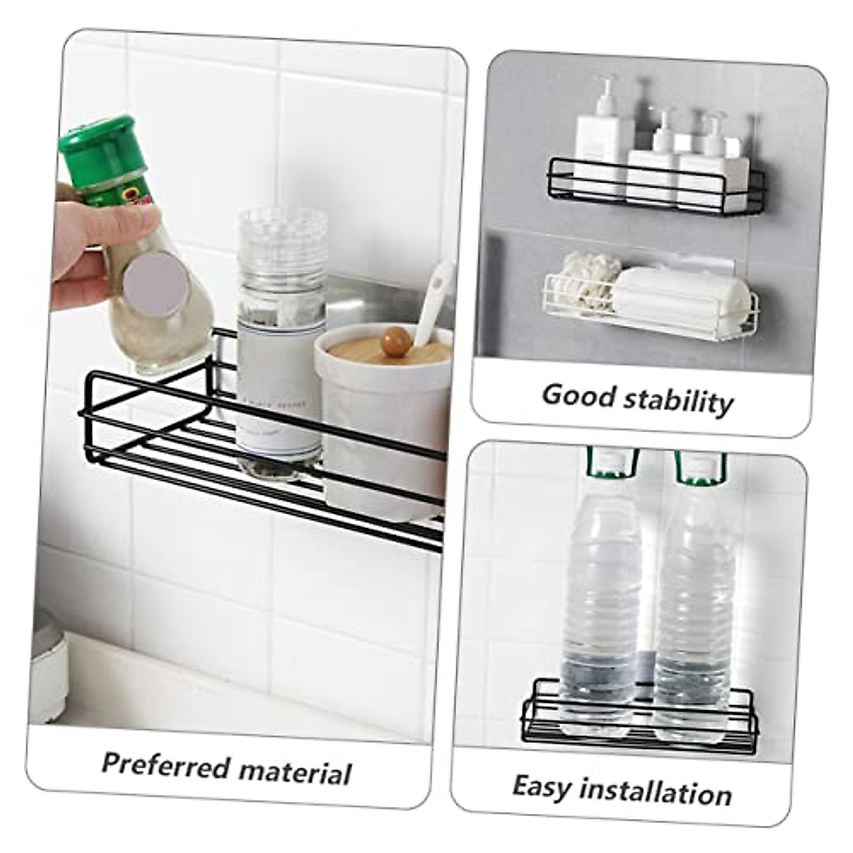 Levemolo 2pcs Organizer Shelves for Adhesive Dish Shampoo Brush Stainless Holders Caddy Racks Shower Farmhouse Scouring Iron Black Display Storage Floating Sink Metal Shelf Wall-mounted