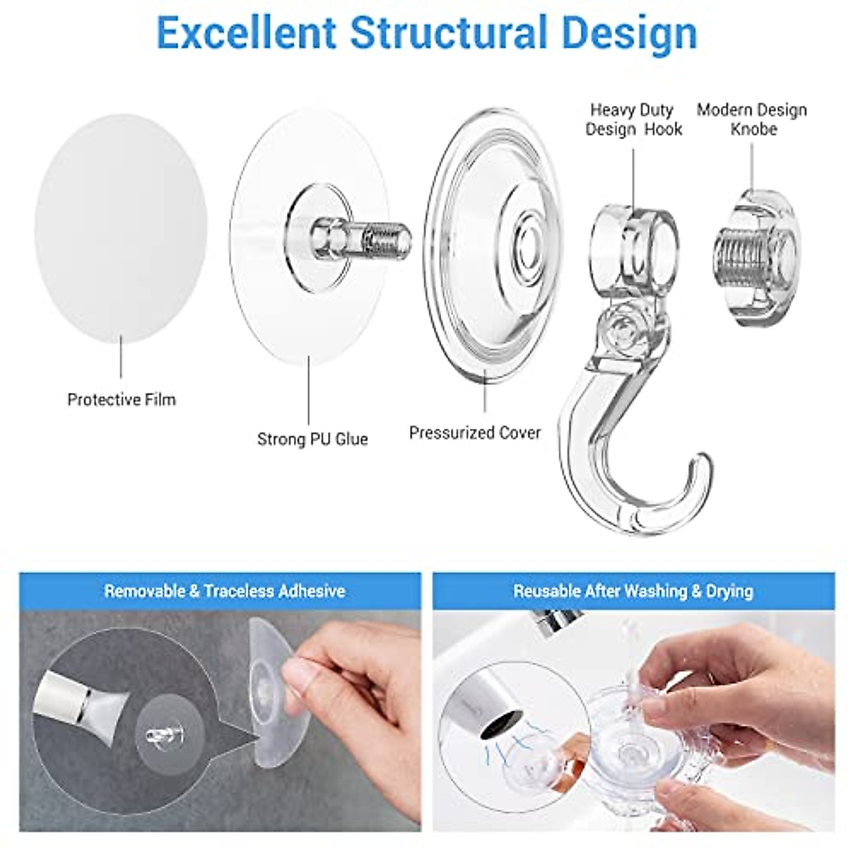 Suction Cup Adhesive Hooks - Quntis 2 Pack Large Suction Adhesive Hooks Heavy Duty Clear Shower Hooks Kitchen Bathroom Window Wall Hooks for Hanging Towel Bathrobe Loofah Sponge Christmas Wreath Key