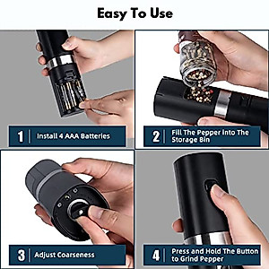 Electric Pepper Grinder, Battery Operated Salt Grinder, Automatic Pepper Mill with LED Light, One-hand Button Control, Adjustable Coarseness, Black Peppercorn Grinder Refillable, Battery Not Included