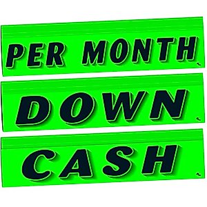 Versa Tags Windshield Slogan Stickers 12 Pack of PER Month Stickers 12 Pack of Down Slogans 12 Pack of Cash Window Stickers (36) Dealership Stickers Black On Green