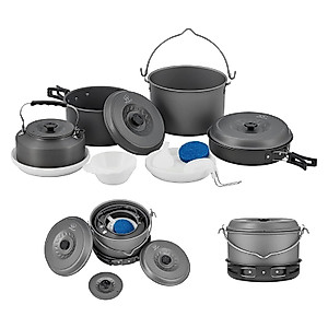 Bulin 13Pcs Camping Cookware Mess Kit, Nonstick Backpacking Cooking Set, Outdoor Cook Gear for Family Hiking, Picnic Lightweight Cookware Sets(Kettle, Pots, Frying Pan, BPA-Free Bowls, Plates, Spoon)