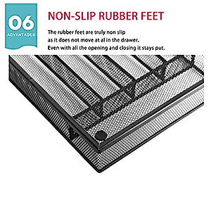 JANE EYRE Utensil Drawer Organizer, Cutlery Tray Silverware Flatware Storage Divider for Kitchen, Mesh Wire with Non-slip Foam Feet, 5 Component, Black