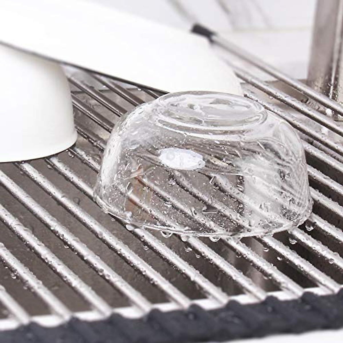 CANWELL 17"x15" Roll Up Dish Drying Rack, Premium 304 Stainless Steel Over Sink Kitchen Drainer Rack with Silicone Rims, Black