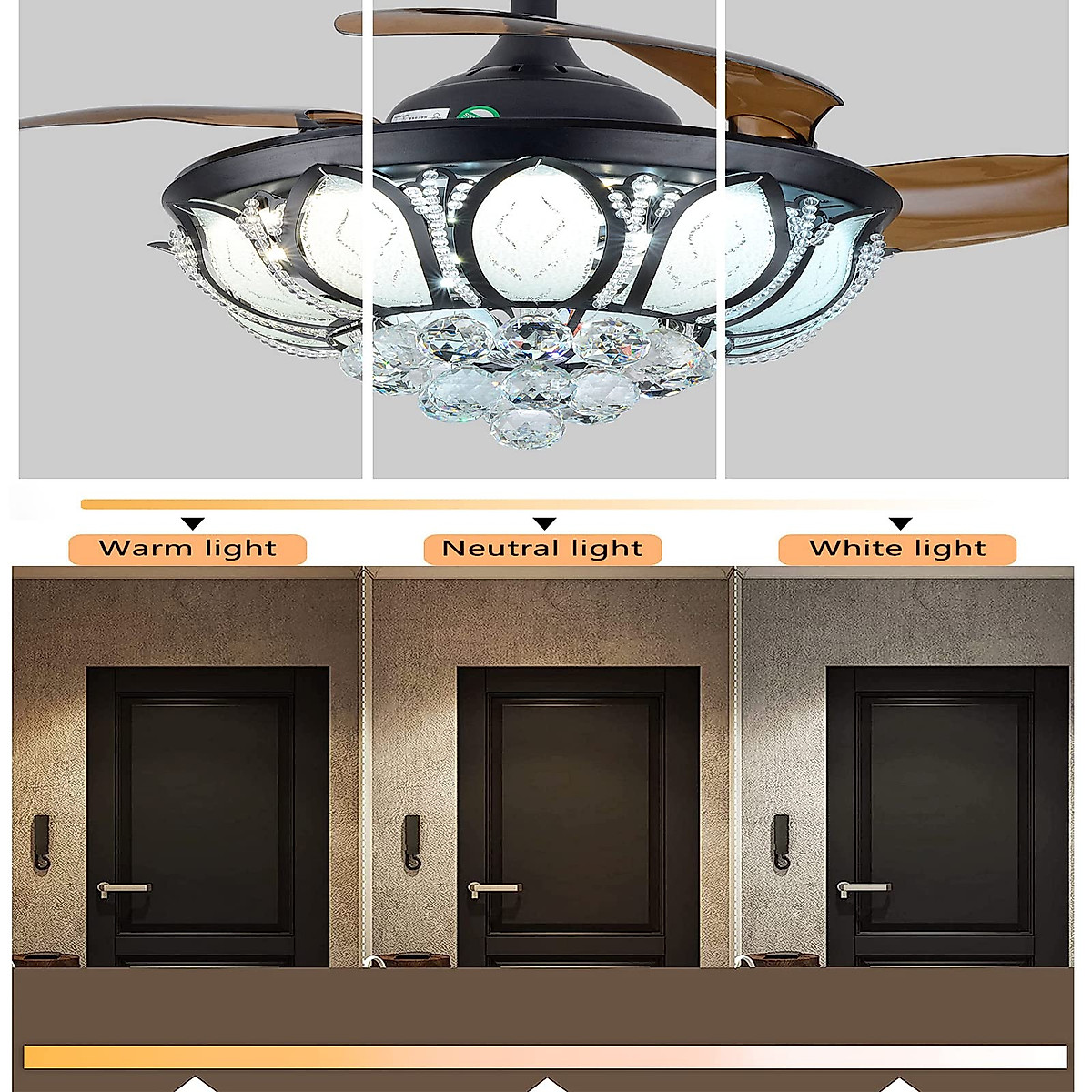 DYRABREST Invisible Ceiling Fan with Retractable Blades and Remote Control 36inch Ceiling Fan Light Covers Crystal Chandelier Fan Light Bladeless Ceiling Fan for Livingroom Bedroom Home (36 inch)