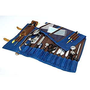 Chef Knife Roll Bag Waxed Cavas Genuine Leather USB | Amazing Gift for Tech Savvy Executive Chefs & Culinary Students (Blue) Culinary graduation gift | JOZ Creations LLC knife bag USB port blue