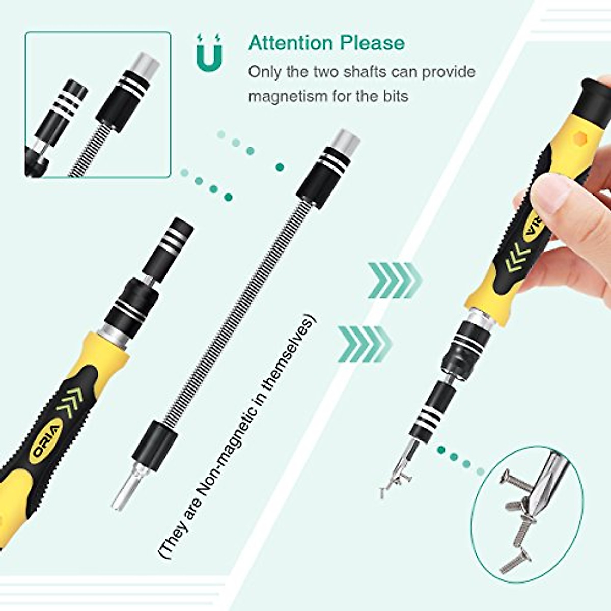 ORIA Precision Screwdriver Kit, 60 in 1 with 56 Bits Screwdriver Set, Magnetic Driver Kit with Flexible Shaft, Extension Rod for Mobile Phone, Smartphone, Game Console, Tablet, PC, Yellow