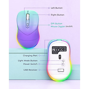 Wireless Mouse, Jiggler Mouse for Laptop - LED Mouse Rechargeable Computer Mice Mouse Mover Undetectable Random Movement with On/Off Button Keeps Computer Awake - Gradient Purple