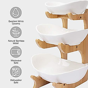 SEVEN SPARTA Tiered Fruit basket Fruit Bowl for Kitchen Counter, Elegant Combo of Ceramic Bowls and Bamboo Rack, Big Capacity, Easy Install, Multi-Occasion for Kitchen, Party, Restaurant and Gift