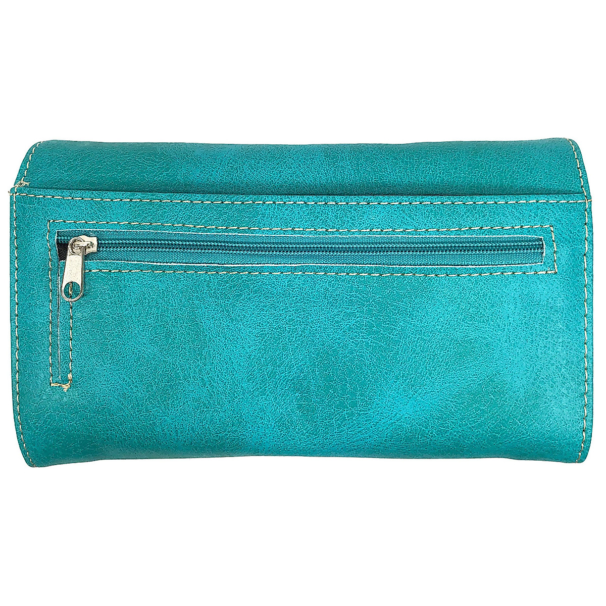 Justin West Tooled Leather Laser Cut Rhinestone Cross Studded Shoulder Concealed Carry Tote Style Handbag Purse (Turquoise Trifold Wallet)