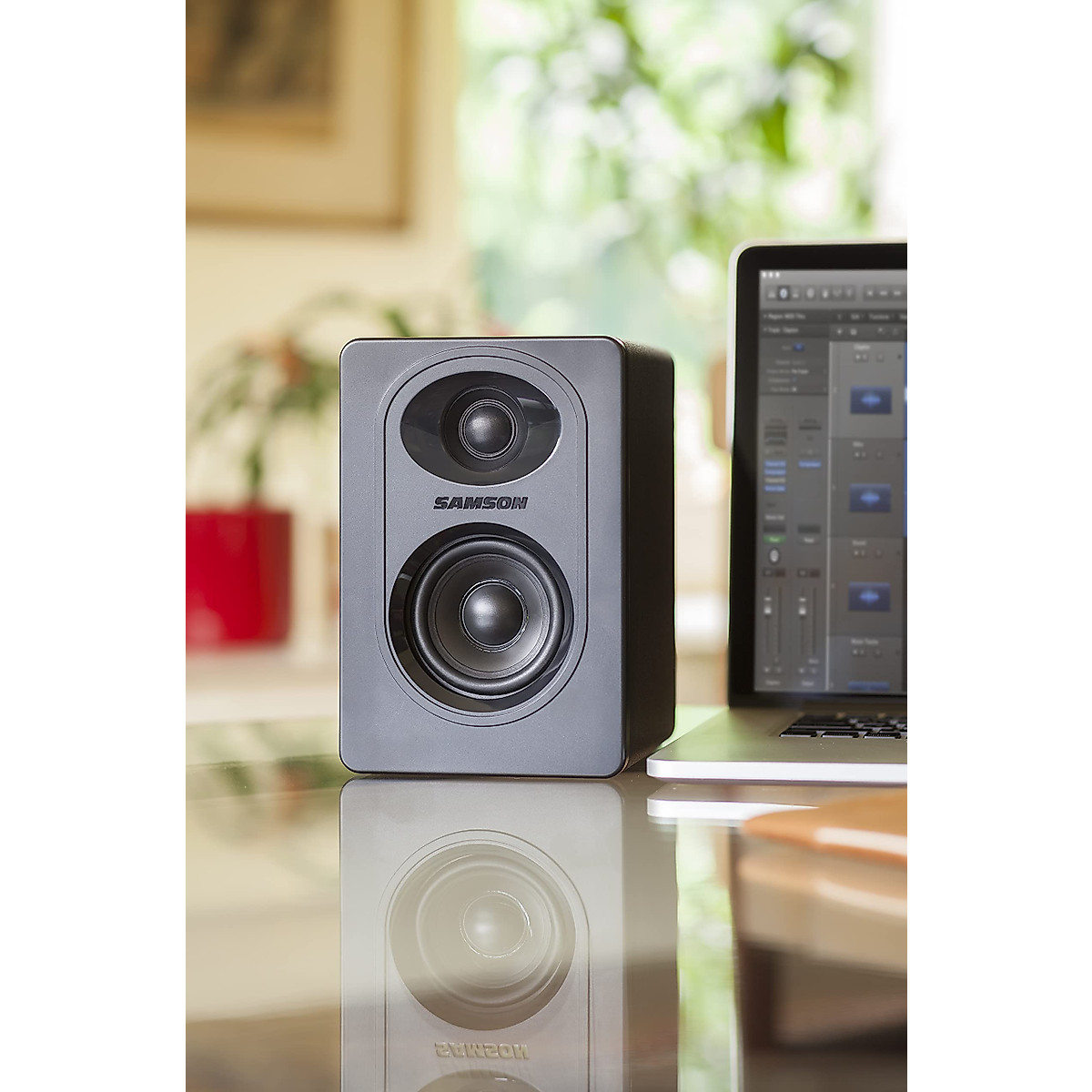 Samson MediaOne M30 3" Powered Studio Monitors with 3.5mm Outputs (Pair) Bundle with Blucoil Acoustic Isolation Pads (2-Pack), 12" Acoustic Wedges (4-Pack), and 5' Audio AUX Cable