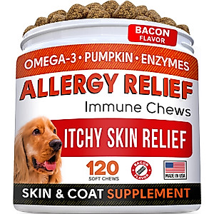 Pumpkin for Dogs + Allergy Relief Bundle - Upset Stomach + Itchy Skin Relief - Pure Pumpkin Powder + Omega 3 + Enzymes + Turmeric - Digestion Support + Skin & Coat Health - 8.1oz + 120ct - Made in USA