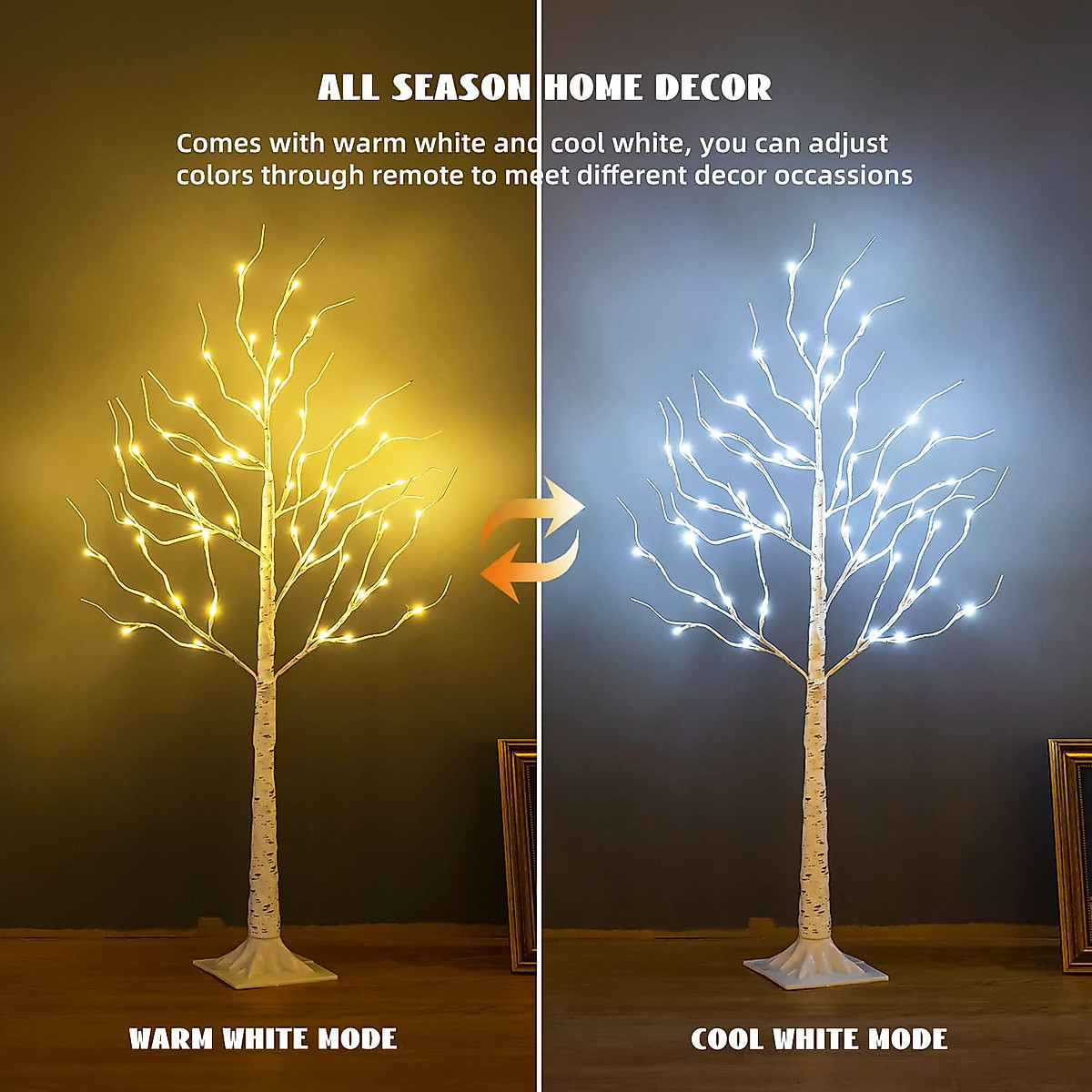 ZHOUDUIDUI Lighted Birch Tree, 4ft 48LED Birch Tree Lights, Mothers Day Decor Indoor Outdoor Artificial Twig Tree Light 9Modes Timer for 4th of July Christmas Home Party Wedding Decor,Warm& Cool White