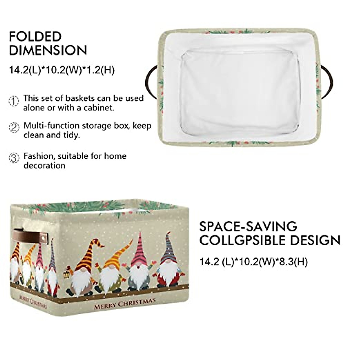 Gougeta Foldable Storage Basket with Handle, Christmas Card with Gnomes Rectangular Canvas Organizer Bins for Home Office Closet Clothes Toys 1 Pack