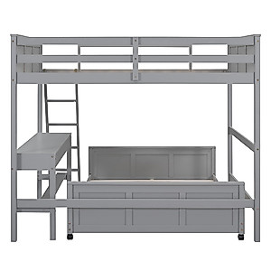 Full Over Full Loft Bed with Desk and Storage Drawers, Wood Bunk Loft Bunk Bed for Kids, Can Be Separated into A Full Size Platform Bed Frame and A Loft Bed for Girls Boys Teens, Gray