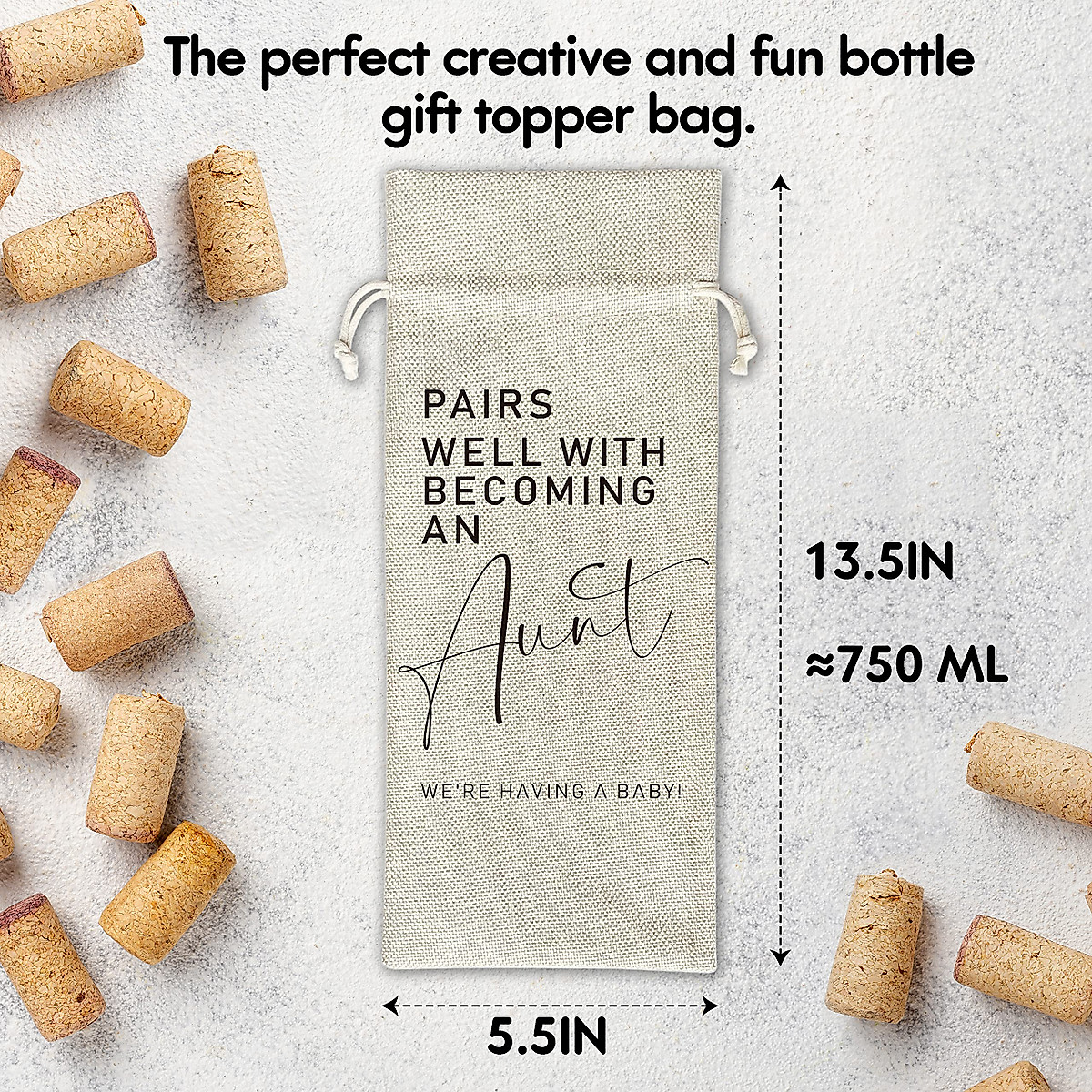 Pregnancy Announcement Wine Gift Bags - Gift for Auntie, Becoming an Aunt, Sister - Reusable Burlap With Drawstring Gift Bag (5.5"x 13.5")-1 Pcs/jiu012