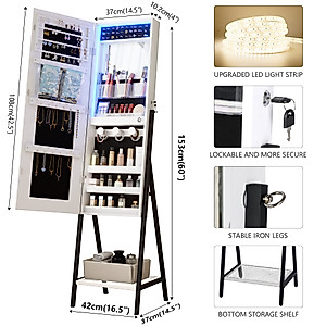 Vlsrka Mirror Jewelry Cabinet Standing with LED, Jewelry Mirror Full Length with Built-in Makeup Mirror & Lights, Large Jewelry Armoire Cabinet for Earrings Necklaces Cosmetic (White)