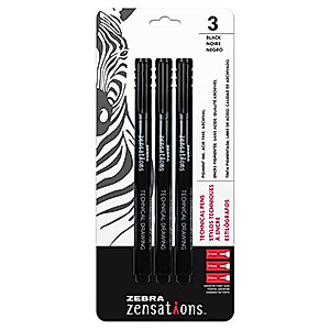 Zebra Pen Zensations Technical Pen, Assorted Point Sizes, Black Ink, 3-Count