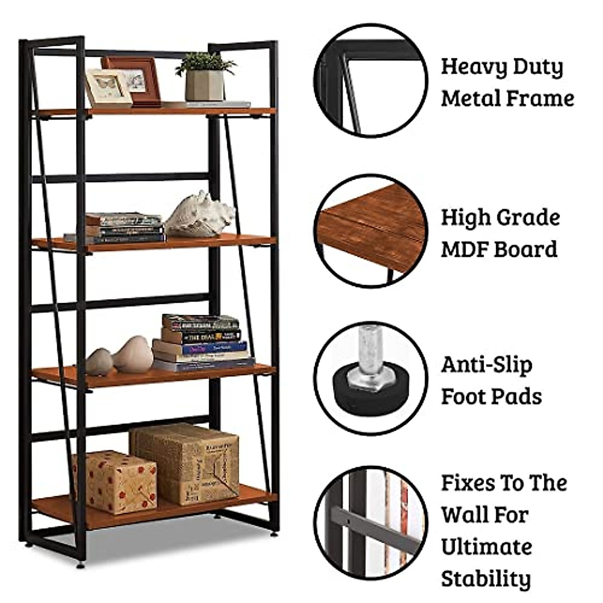 Halter 4-Tier Industrial Bookshelf Standing Shelving Unit Folding Book Shelf Organizer Wood Bookshelf Shelves for Living Room Office or Bedroom 2 Pack Brown