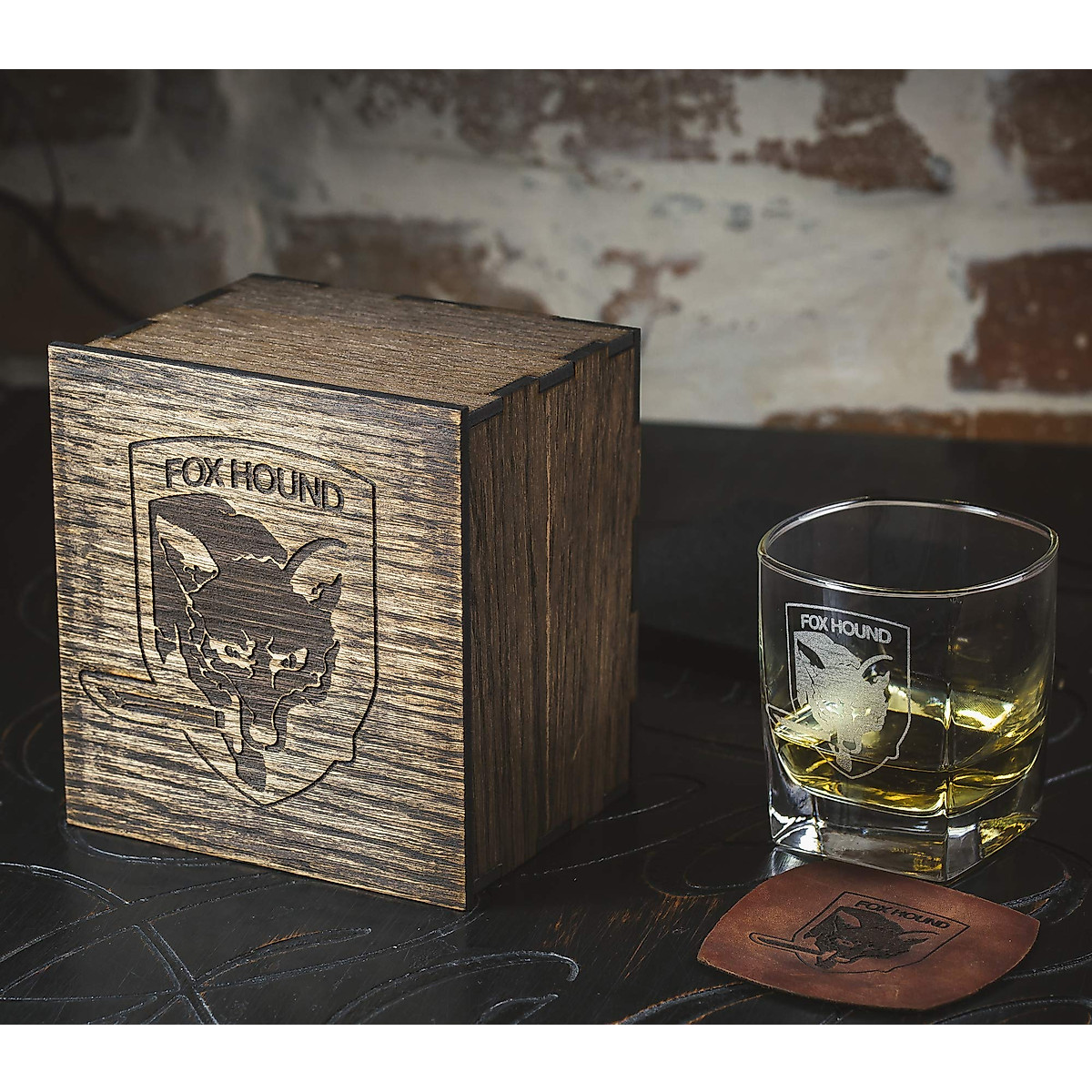 Handcrafted Whiskey Gift Set with Custom Glass, Engraved Wood Box, and Leather Coaster - Stylish Gifts for Game Fan - Unique Present for Him (Fox Hound)