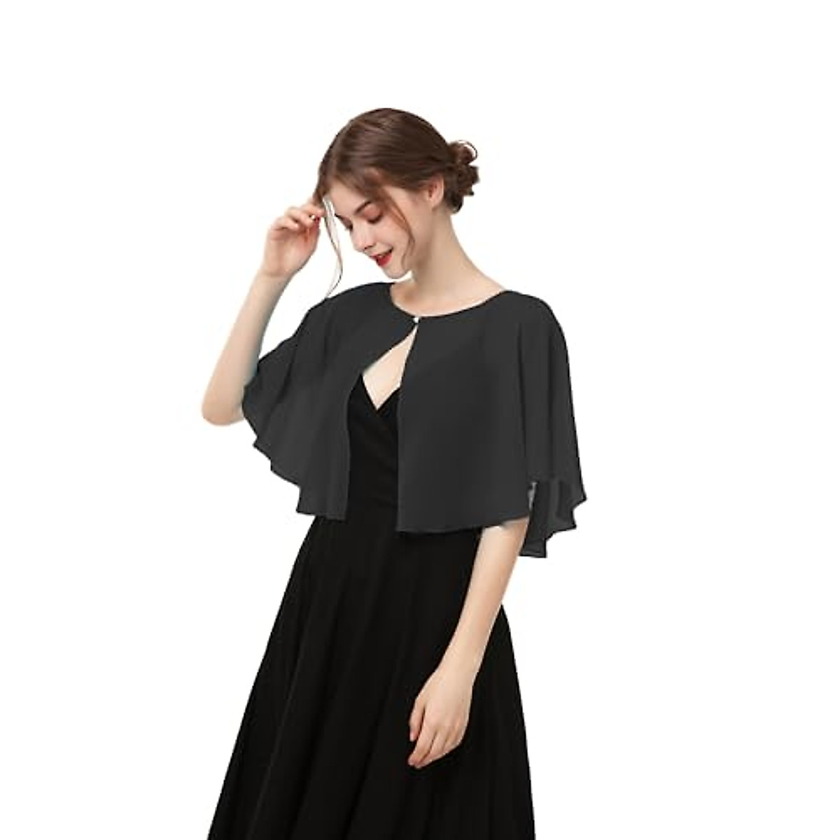 Chiffon Capelet Women's Soft capes Shawls and Wraps for Evening Dress Wedding Cape Cover Up (Black)