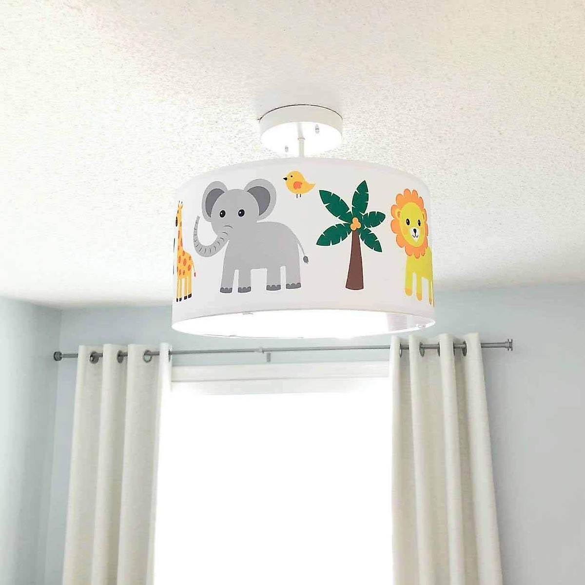 Firefly Home & Kids Lighting Jungle Animals Semi Flush Mount Light Fixture 3-Light, Fabric Shade with Acrylic Diffuser, 16" W x 13" H, Nursery Room, Children's Bedroom, Kids Bedroom, Playroom