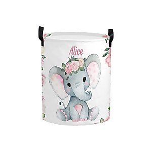 zaaprintblanket Customized Laundry Basket Name Organizer Bin Laundry Hamper with Handle Clothes Hamper for Nursery Clothes Toys Decor(Pink Florals Baby Elephant)