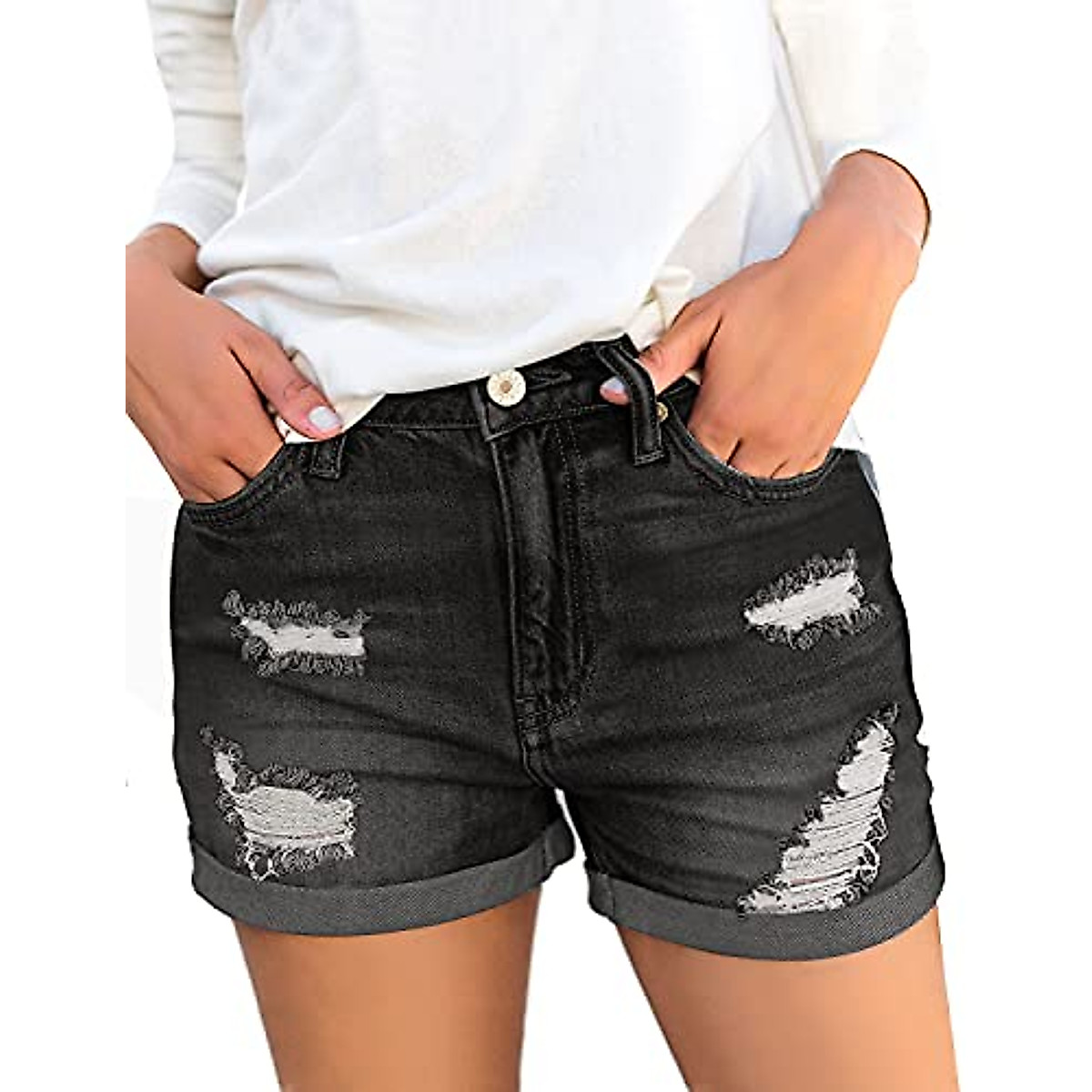 luvamia Women's Stretchy Ripped Denim Shorts High Rise Roll Hem Cut Off Shorts Wise Up Black Shorts Women Black Size X-Large