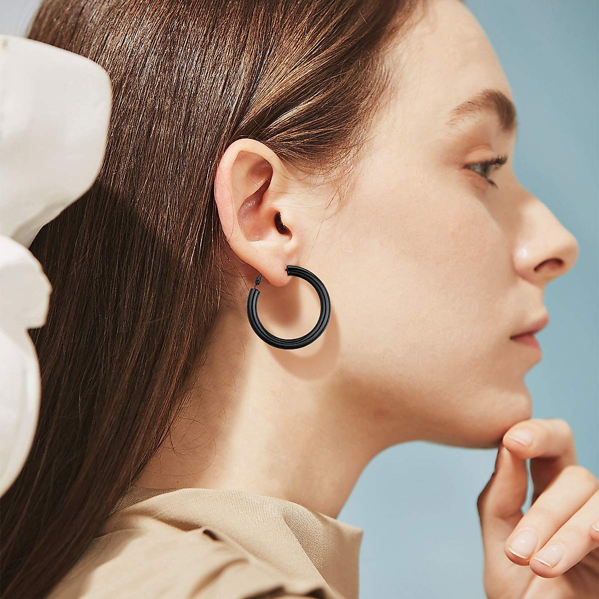 FOCALOOK Hoop Earrings Black Stainless Steel 40mm Chunky Round Cirlcle Endless Hoops for Women