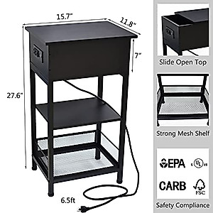 SZLHANJZ Slim End Table, Narrow Nightstand with Charging Station, Slide Open Sofa Bed Side Table with Drawers Storage Shelf, 3-Tier Wood & Metal Modern Nightstand for Home Office Dorm, Black