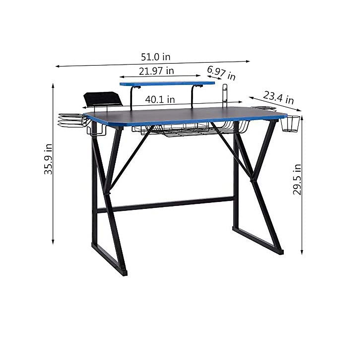 Amazon Basics Rectangular Gaming Computer Desk With Storage For Controller, Headphone & Speaker, Blue & Black, 23.4" D x 51" W x 35.9" H
