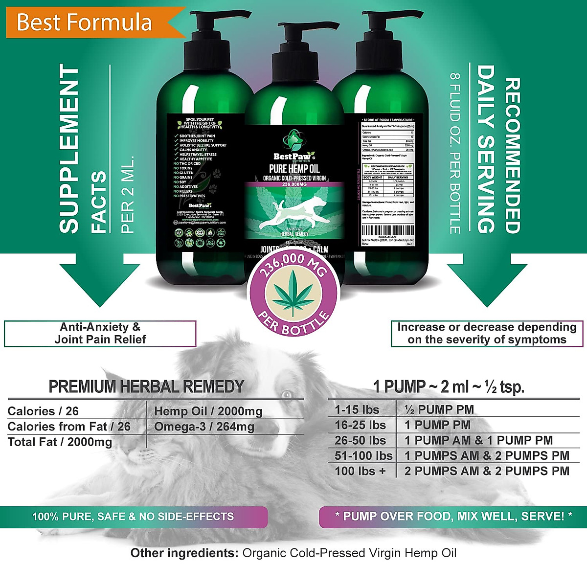 [236,000mg] Organic Hemp Oil for Dogs and Cats - Joint Pain Relief Arthritis Supplement - Natural Support for Separation Relief - Calming Aid Pets Love - from Canadian Crops - 8oz
