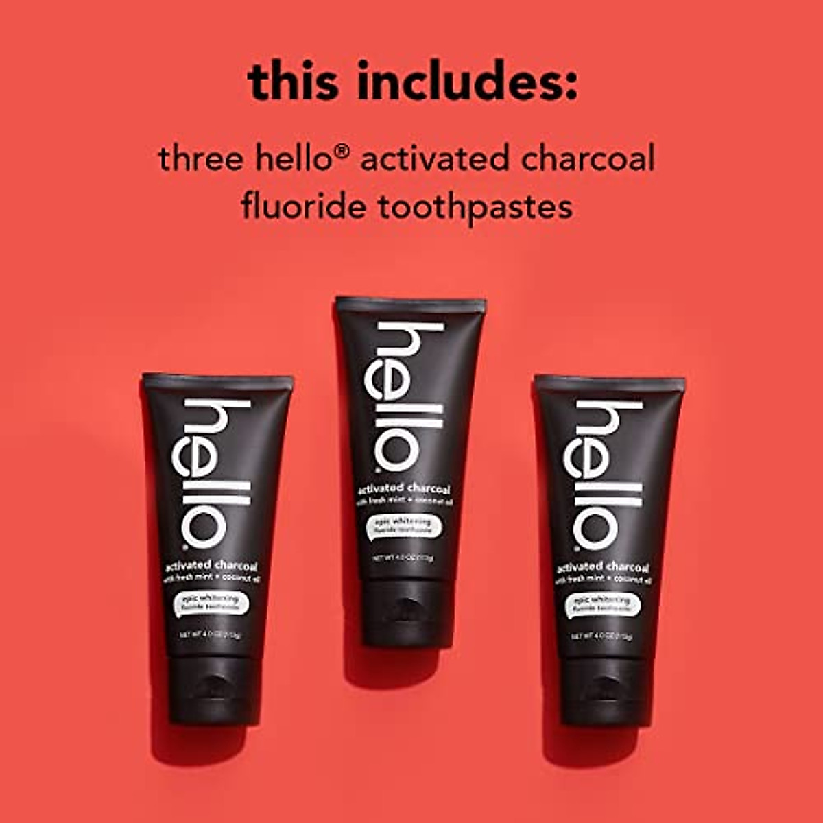Hello Activated Charcoal Toothpaste, Fluoride Toothpaste with Activated Charcoal, Teeth Whitening Toothpaste with Fresh Mint and Coconut Oil, No SLS, Vegan, Gluten Free, 3 Pack, 4 OZ Tubes