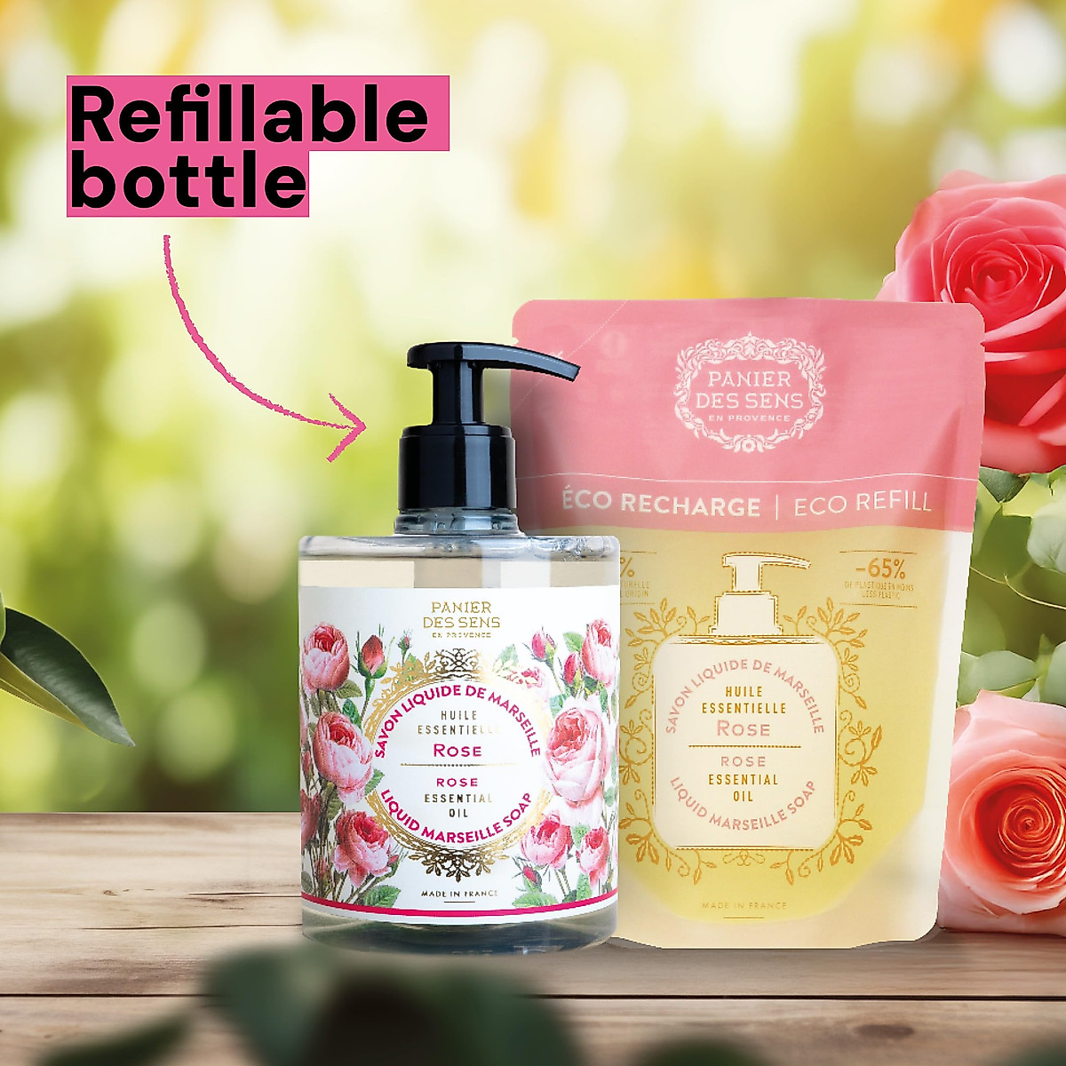 Panier des Sens - Liquid Hand Soap - Rose Hand Wash - French Marseille Moisturizing Hand Soap with Coconut Oil - Refillable Kitchen & Bathroom Hand Soap - 97% Natural Ingredients -16.9 Fl.oz