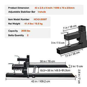 VEVOR Pallet Forks, 2000 Lbs Clamp on Pallet Forks 43" Total Length, Tractor Bucket Forks with Adjustable Stabilizer Bar, Heavy Duty Pallet Forks for Tractor Attachments, Skid Steer, Loader Bucket