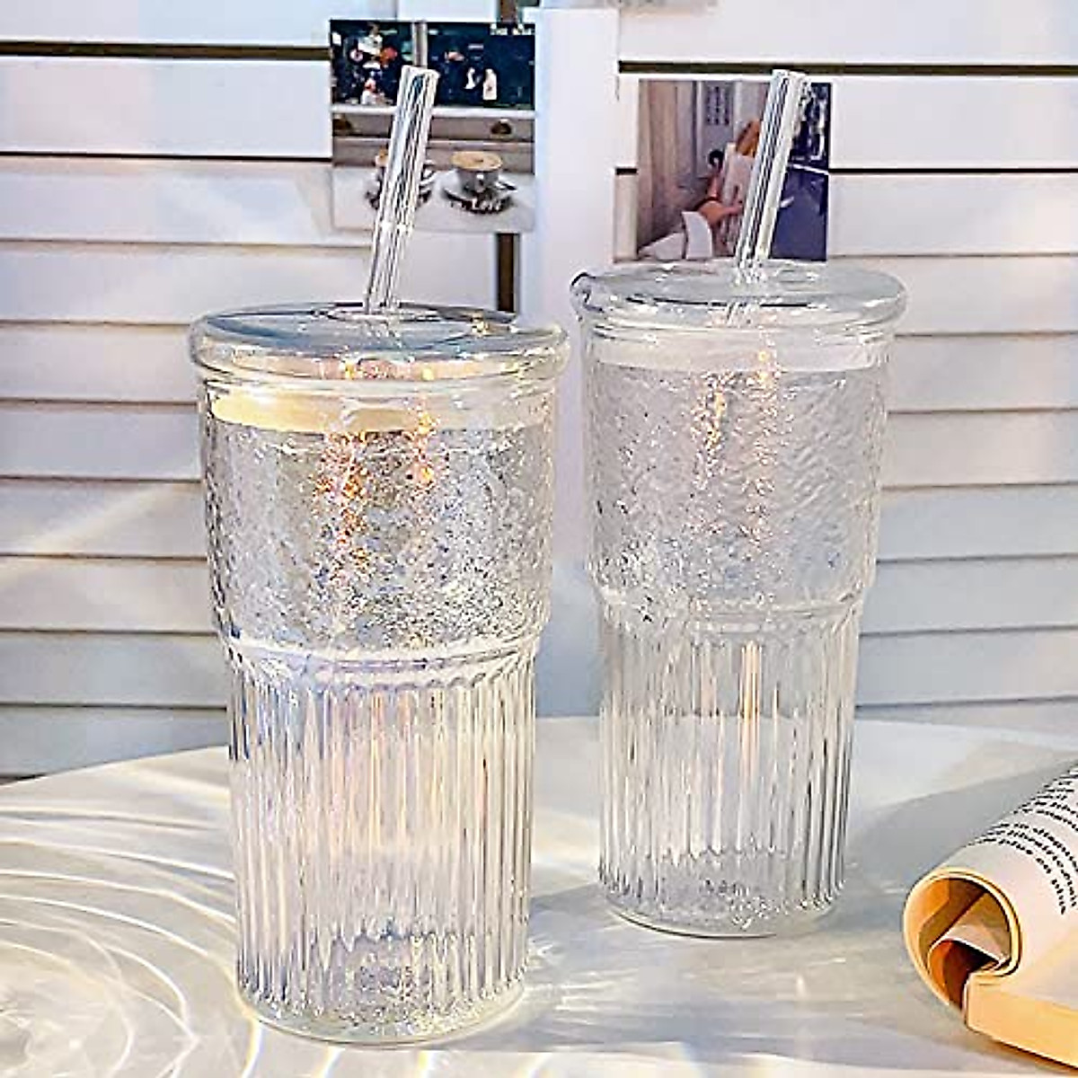 CAYOREPO 2 Packs 20 oz Glass Cups with Lids and Straws, Glass Coffee Tumbler, Tumbler Water Glass, Water Bottle, Thick Wall Glass Coffee Mug Iced Tea Cup (Clear (2Pcs 20oz))