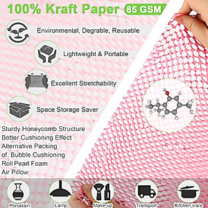 Honeycomb Packing Paper, 15" x 131'ft Honeycomb Cushioning Wrap Roll, Packing Paper Sheets for Moving Shipping with 20 Fragile Stickers, Recyclable Packing Wrap Honeycomb Paper Packing Supplies-Pink
