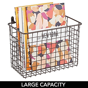 mDesign Portable Metal Farmhouse Wall Decor Storage Organizer Basket Bin with Handles for Hanging in Entryway, Mudroom, Bedroom, Bathroom, Laundry Room - Wall Mount Hooks Included, Large - Bronze