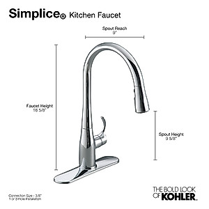 KOHLER Simplice Pull Down Kitchen Faucet, 3-Spray Faucet, Kitchen Sink Faucet with Pull Down Sprayer, Polished Chrome, K-596-CP