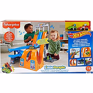 Fisher-Price Little People Toddler Playset Hot Wheels Racing Loops Tower Race Track with Stunt Ramp & Sounds for Ages 18+ Months