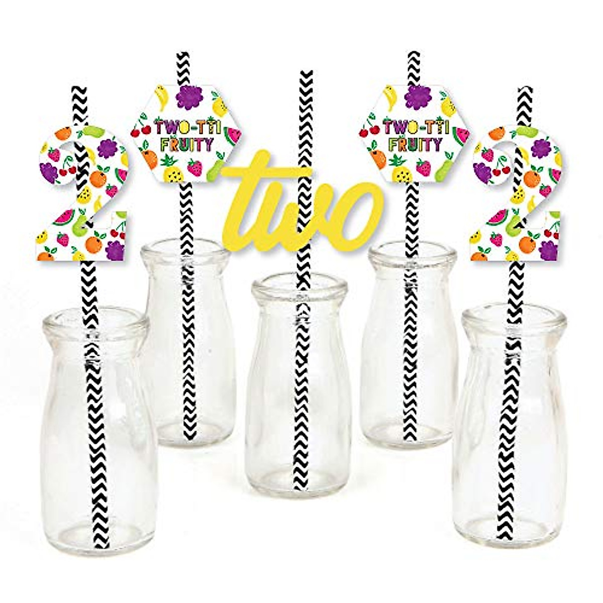 2nd Birthday Two-tti Fruity - Paper Straw Decor - Frutti Summer Second Birthday Party Striped Decorative Straws - Set of 24