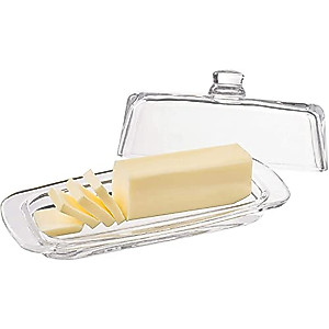 Friwer Glass Butter Butter Dish with Handled Lid, Traditional Kitchen Accessory, Crystal clear rectangular 7.7""x 3.7, Clear" Dishwasher Safe