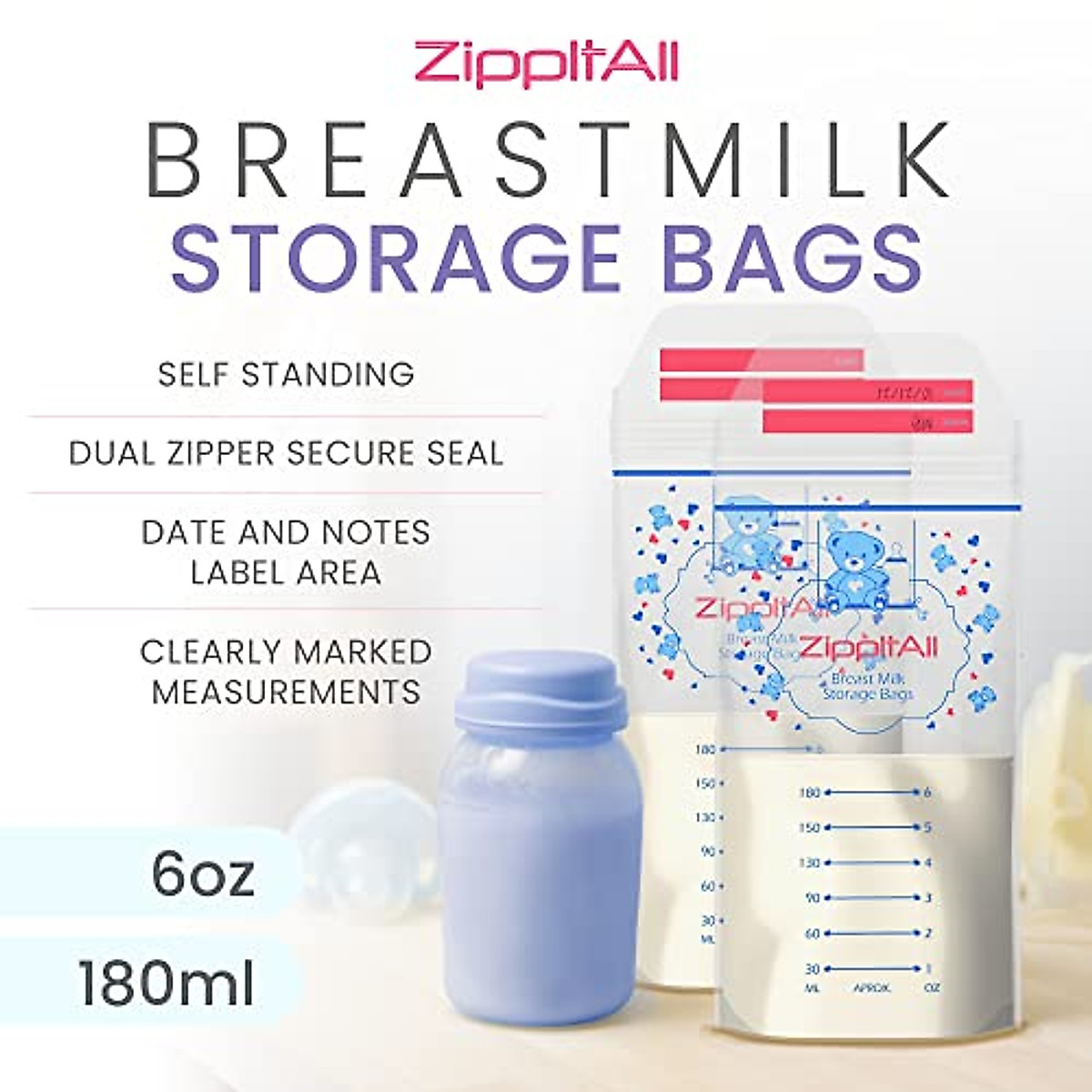DiRose Breast Milk Storage Bags - Leak-Proof 100 Count Double Zipper 6 oz Capacity Extra Thick and Seal BPA/BPS Free/Disposable Pouches | Self-Standing Bag for Long and Safe Storing