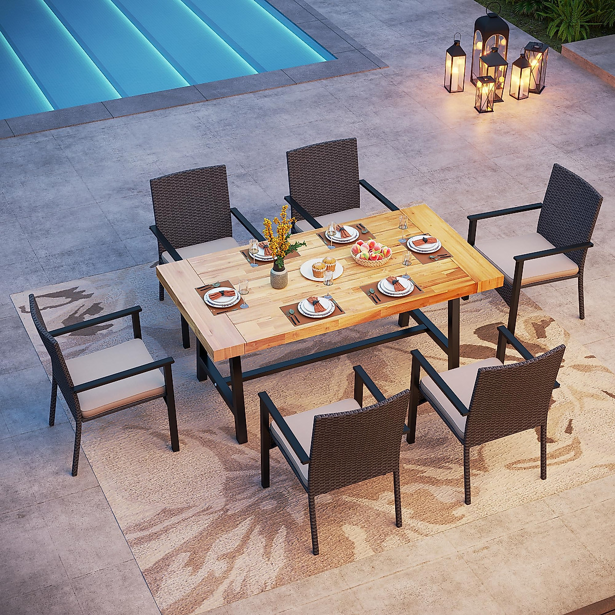 PHI VILLA 7 Piece Outdoor Dining Set for 6, 1 Acacia Wood Table & 6 Cushioned Wicker Chairs, Outdoor Dining Furniture Set for Patio,Deck, Yard, Porch